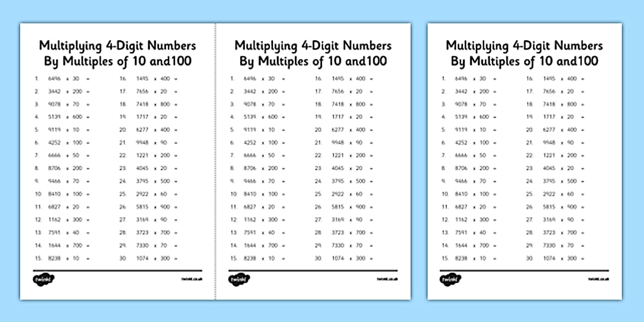 Editable Multiplying 4-Digit Numbers by Multiples of 10 and 100 Worksheets