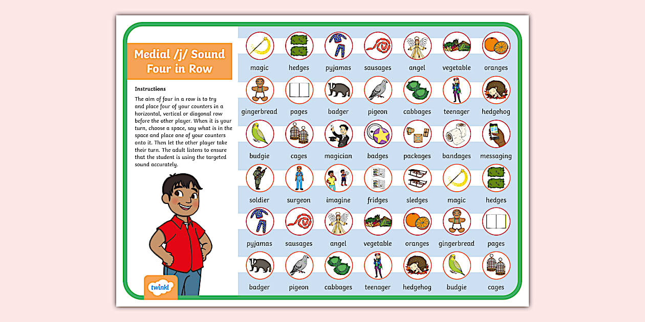 Medial /j/ Sound Four in a Row (teacher made) - Twinkl