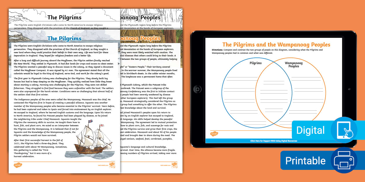 Pilgrims and Wampanoag Peoples Reading Passages and Venn Diagram ...