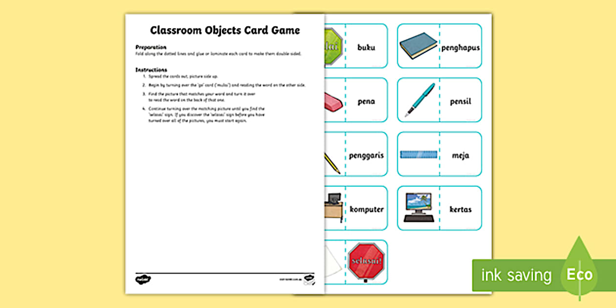 Classroom Objects Card Game Indonesian (teacher made)