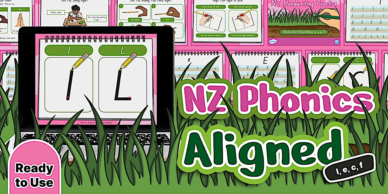 NZ Handwriting Practice Phonics Presentation: l, e, c, f