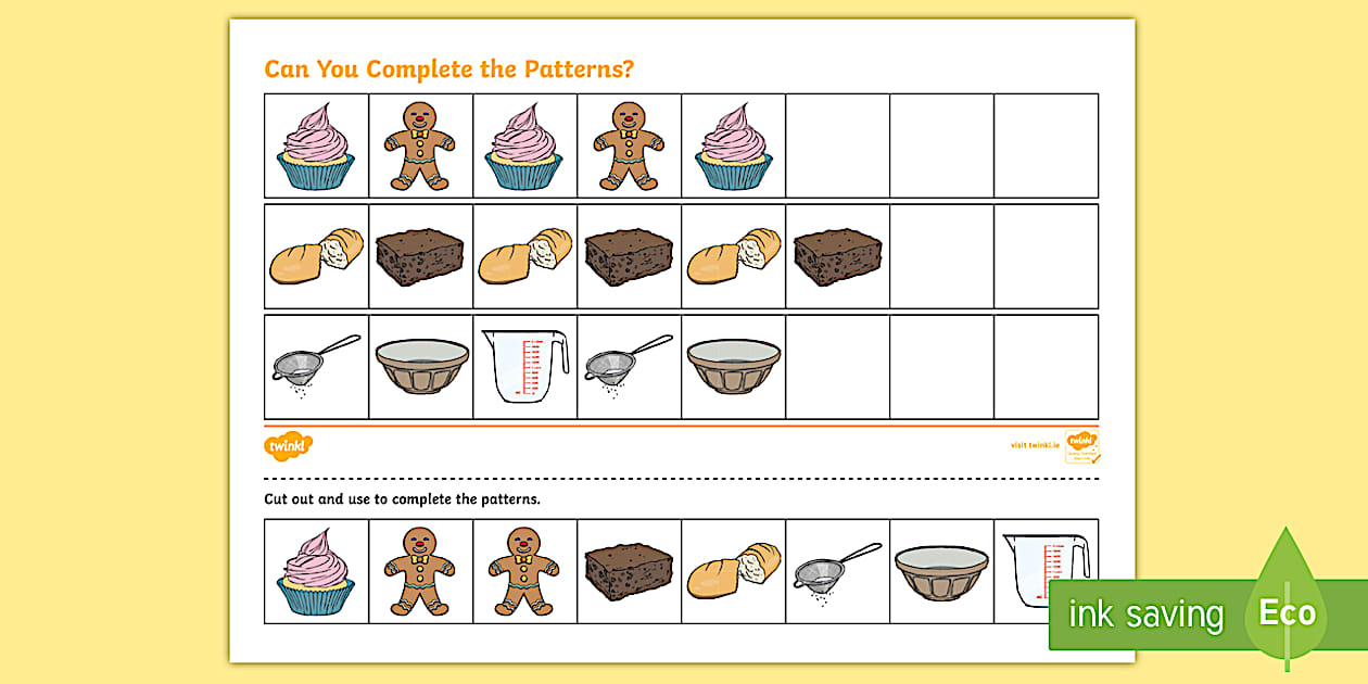 The Bakery Aistear Complete the Pattern Worksheet - Twinkl
