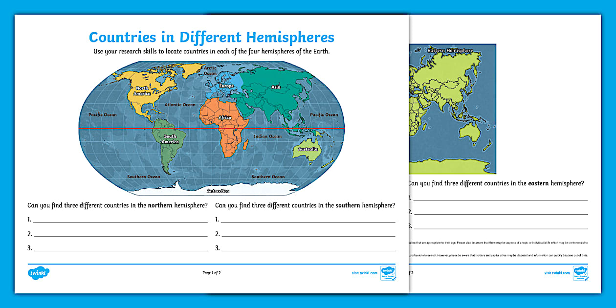 Countries in Different Hemispheres: Hemisphere Worksheets