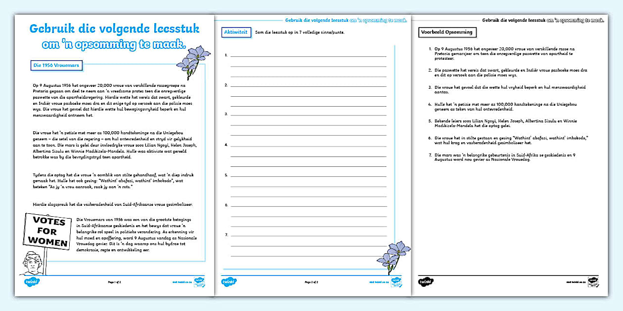 Die 1956 Vrouemars Opsomming Werkkaart (Teacher-Made)