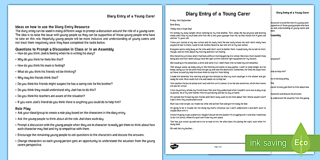 Diary Entry of a Young Carer Male Version Example Text