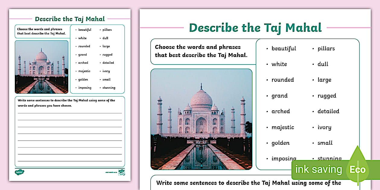 Describe the Taj Mahal Worksheet (Teacher-Made) - Twinkl