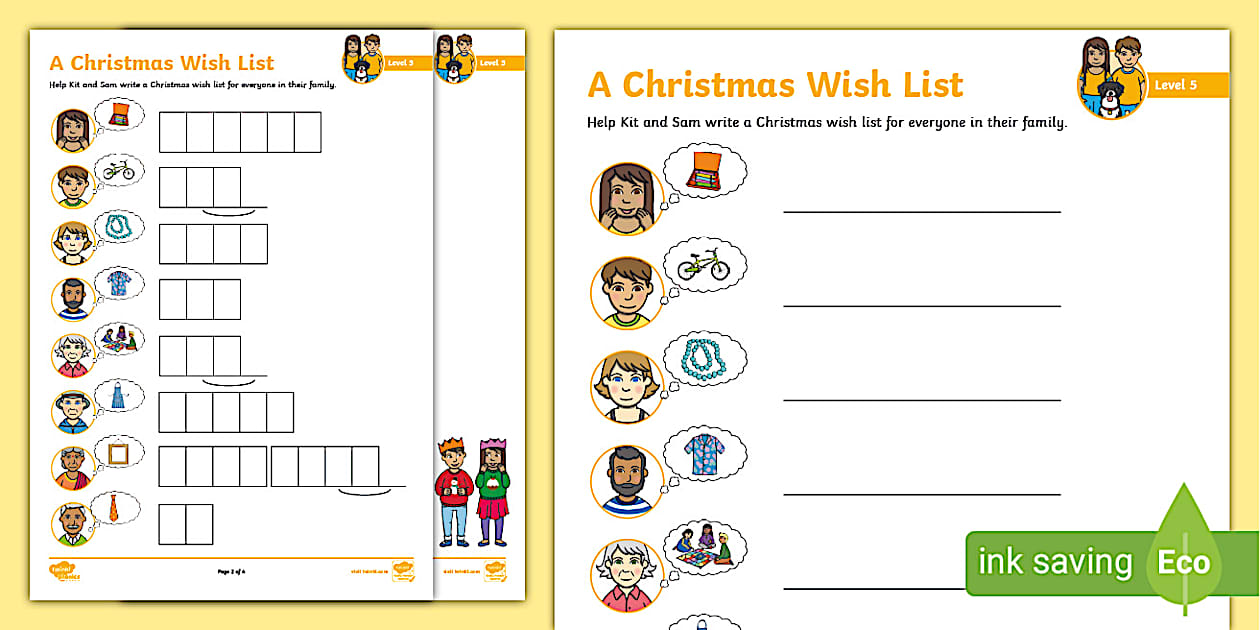 Level 5 A Christmas Wish List Phonics Worksheet - Twinkl