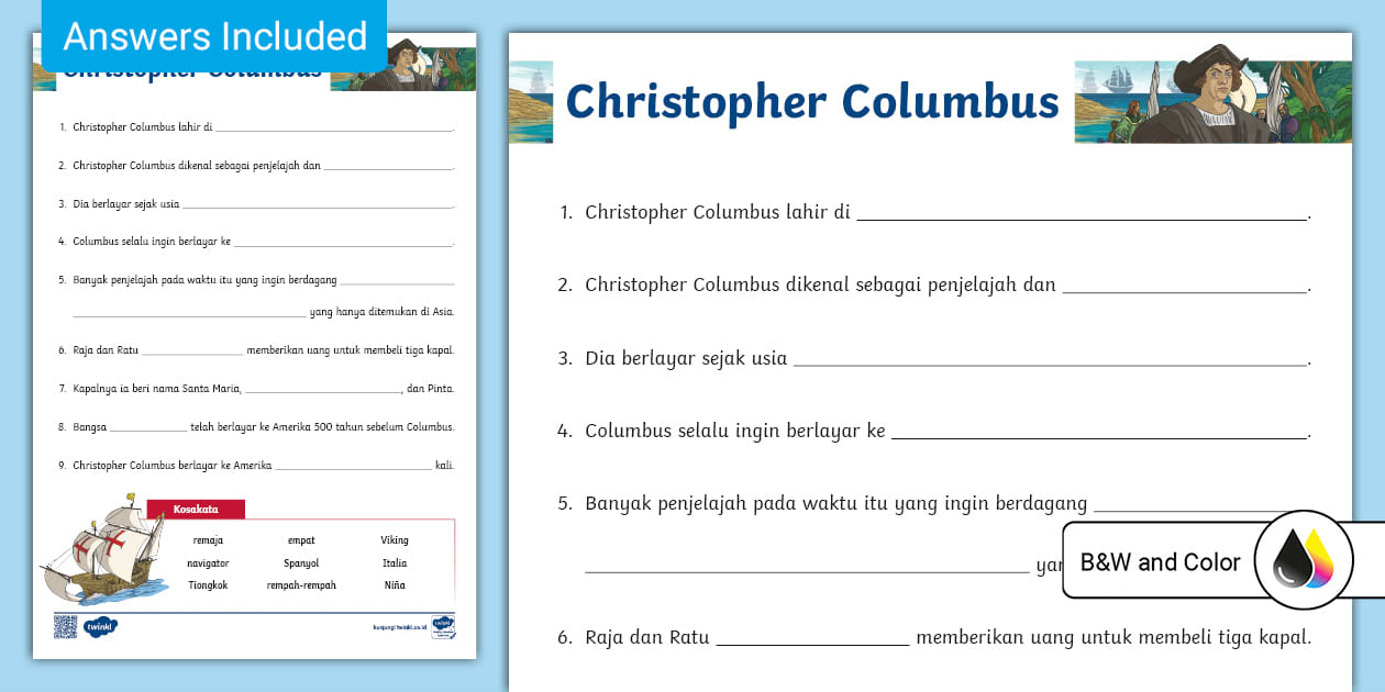 Worksheet Kalimat Rumpang Christopher Columbus - Twinkl