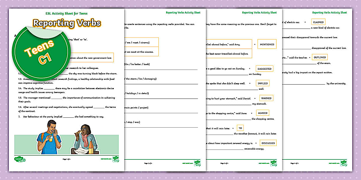 ESL Reporting Verbs Activity Sheet (teacher made) - Twinkl