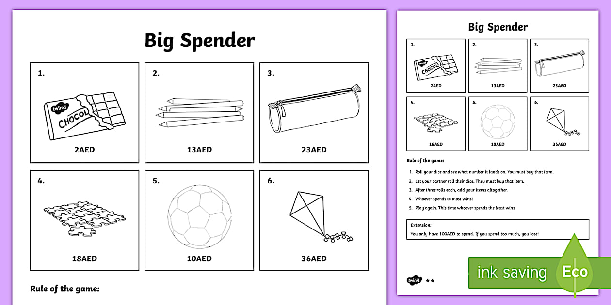 UAE Money - Dice Game Game - UAE Maths Resources Money Dice Game AED ...