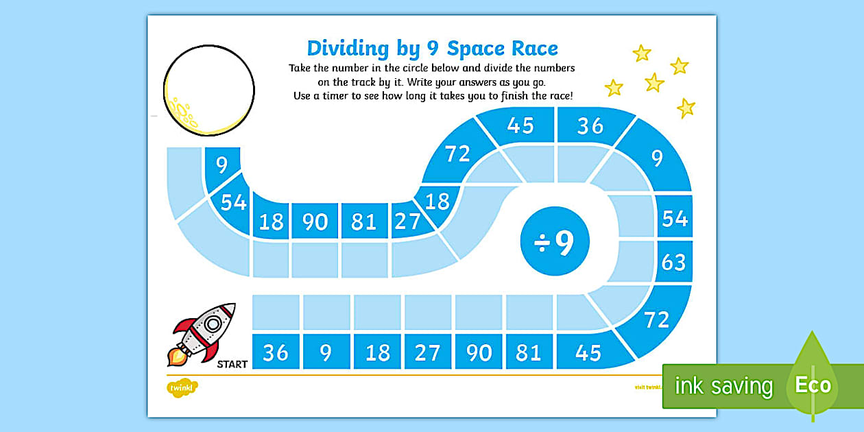 Dividing by 9 Space Race Worksheet / Worksheet - Twinkl