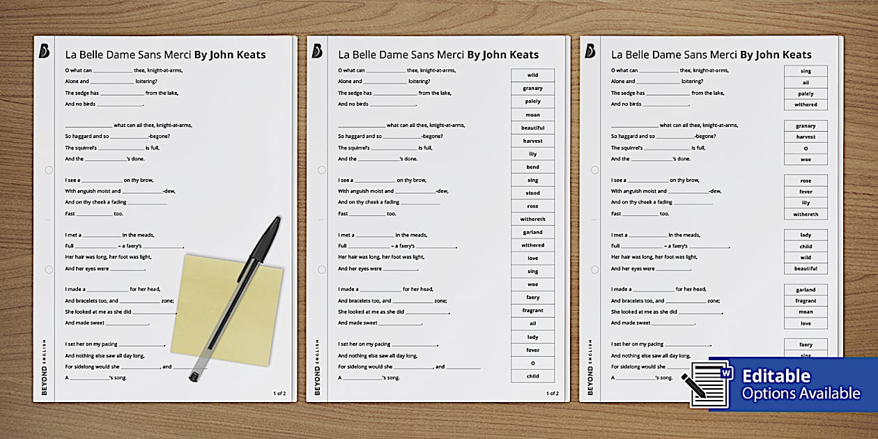La Belle Dame Sans Merci Cloze Activity - Twinkl
