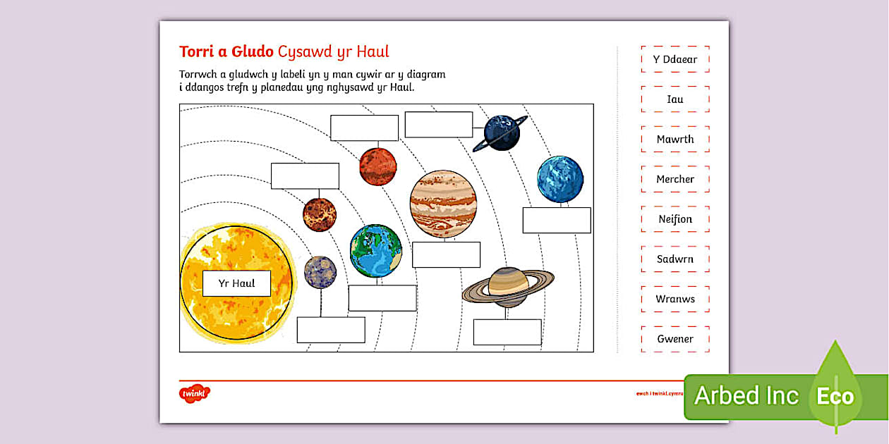 Gweithgaredd Torri a Gludo Cysawd yr Haul (teacher made)
