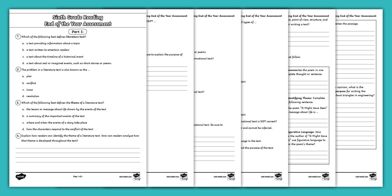 Sixth Grade End of the Year ELA Reading Assessment - Twinkl