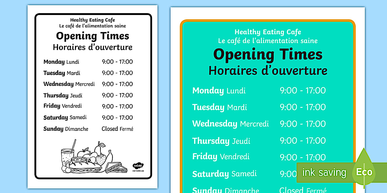 Healthy Eating Cafe Role Play Opening Times English/French - Healthy Eating