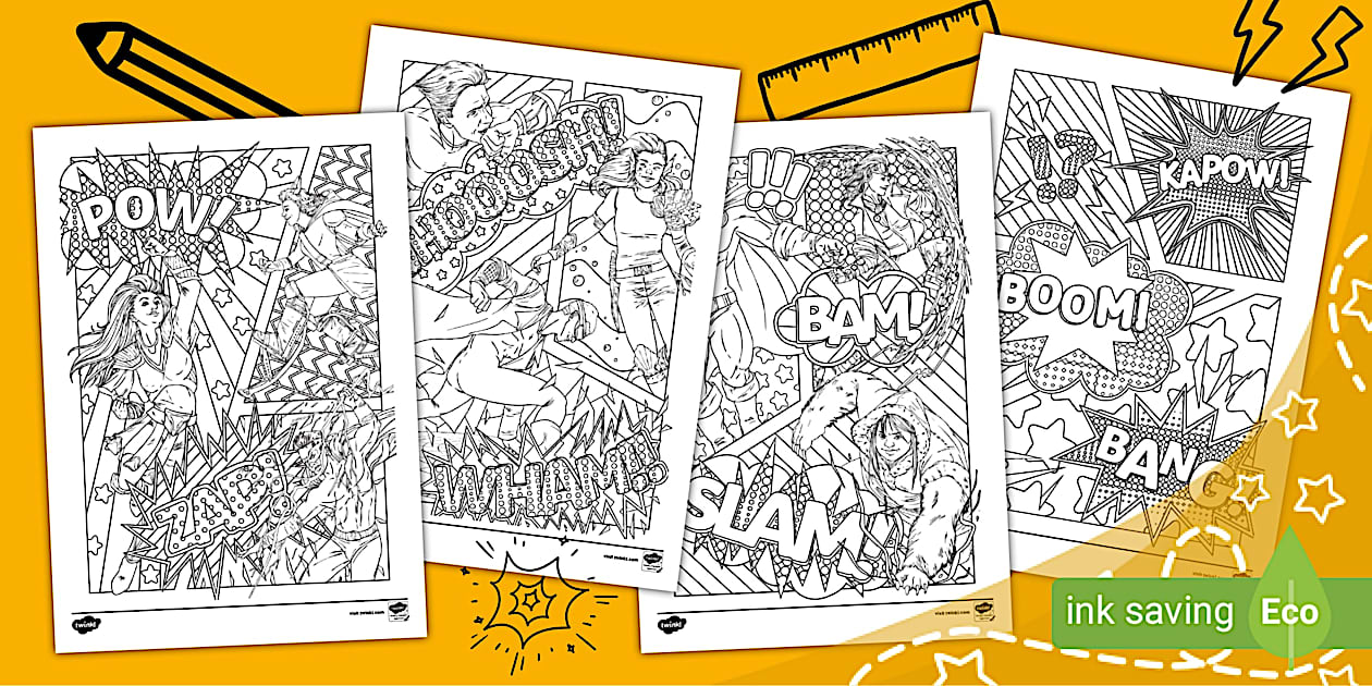 Comic Book Colouring Pages - Sticker Style - Twinkl