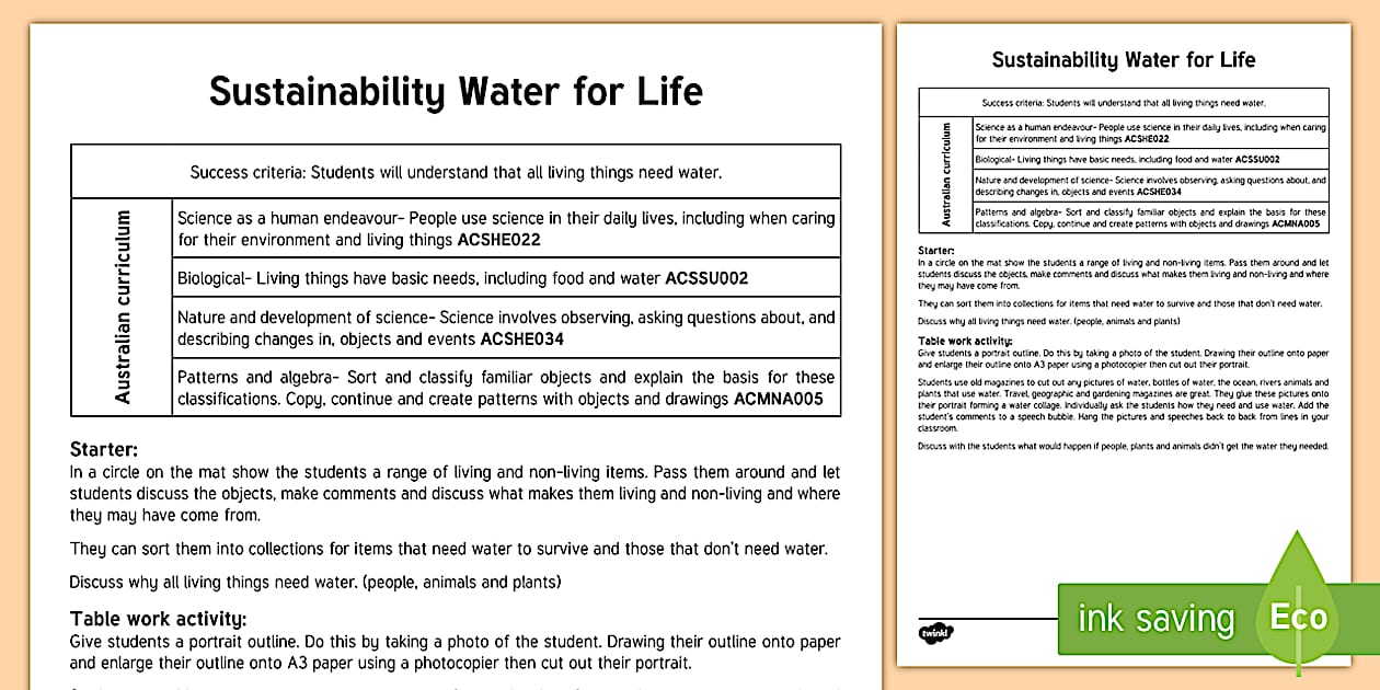 Sustainability Water for Life Lesson Plan (teacher made)