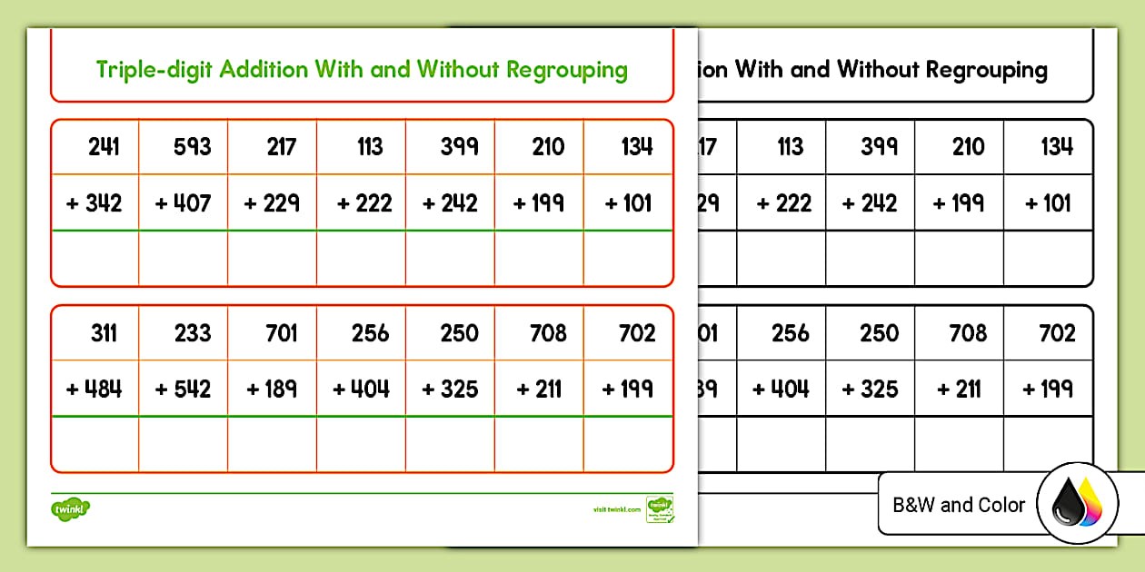 Second Grade Triple-digit Addition With and Without Regrouping Worksheet