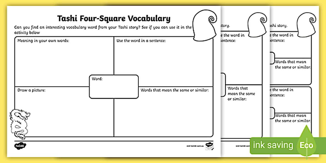 Four Square Vocabulary Activity to Support Teaching on Tashi