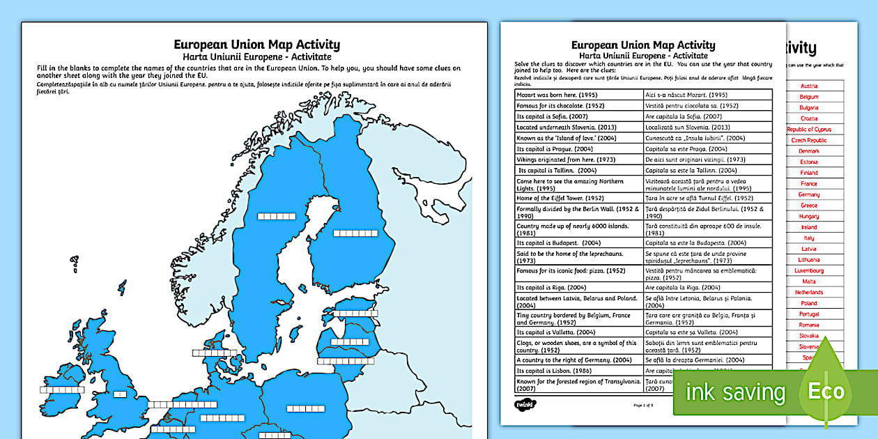 Black and White European Union Map Activity Romanian English/Romanian