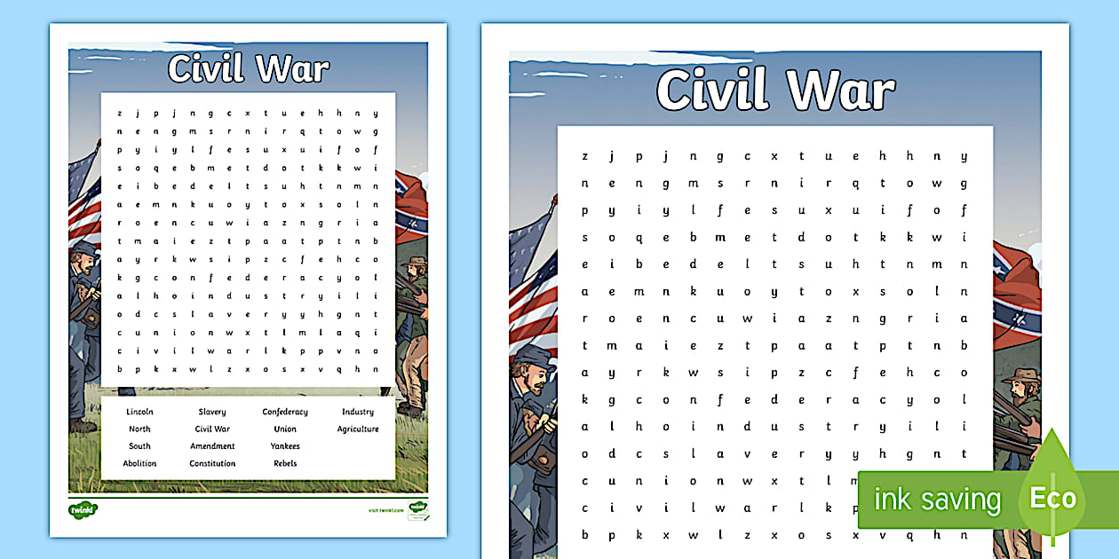 Civil War Word Search - United States History, Abolition, North And South,
