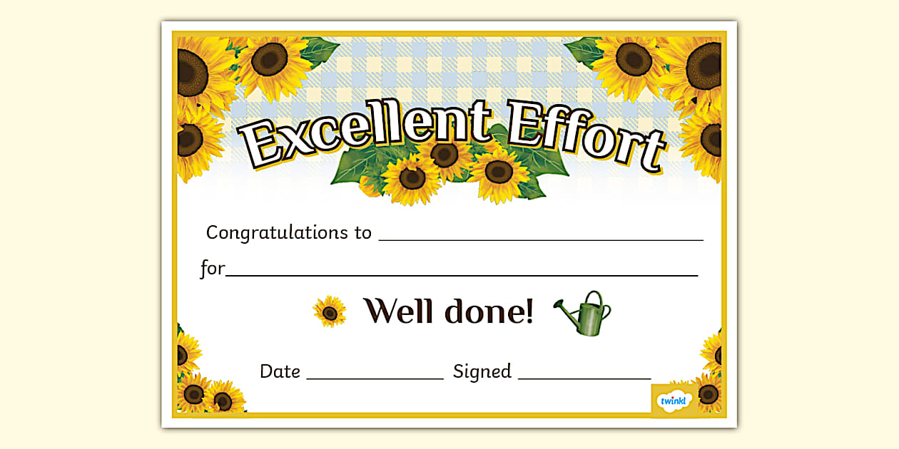 Sunflower-Themed Excellent Effort Certificate (teacher made)