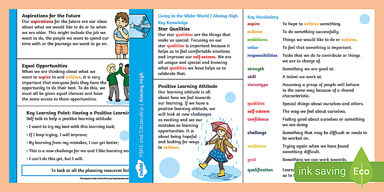 PSHE: KS1 Aiming High - Knowledge Organiser (teacher made)