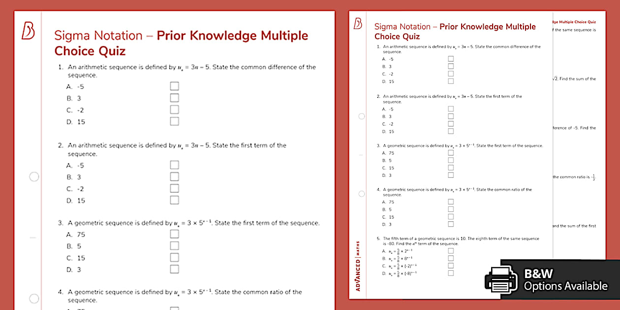 👉 Sigma Notation - Prior Knowledge Multiple-Choice Test