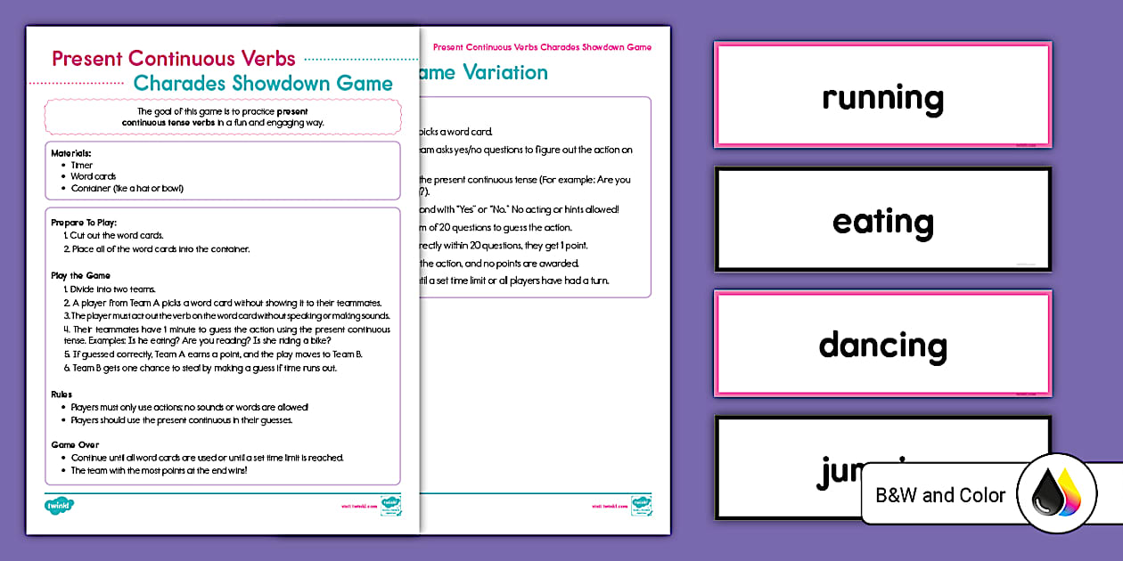 Present Continuous Verbs Charade Showdown Game for ELL