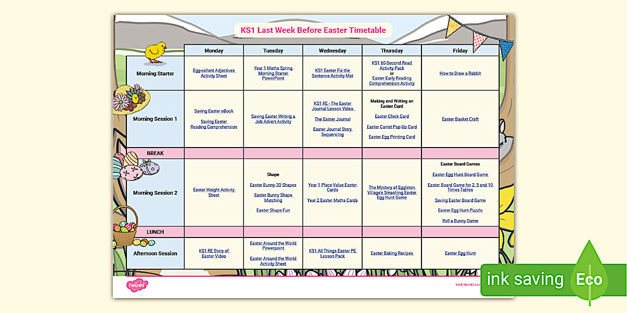 KS1 Last Week of Term Easter Activity Timetable - Twinkl