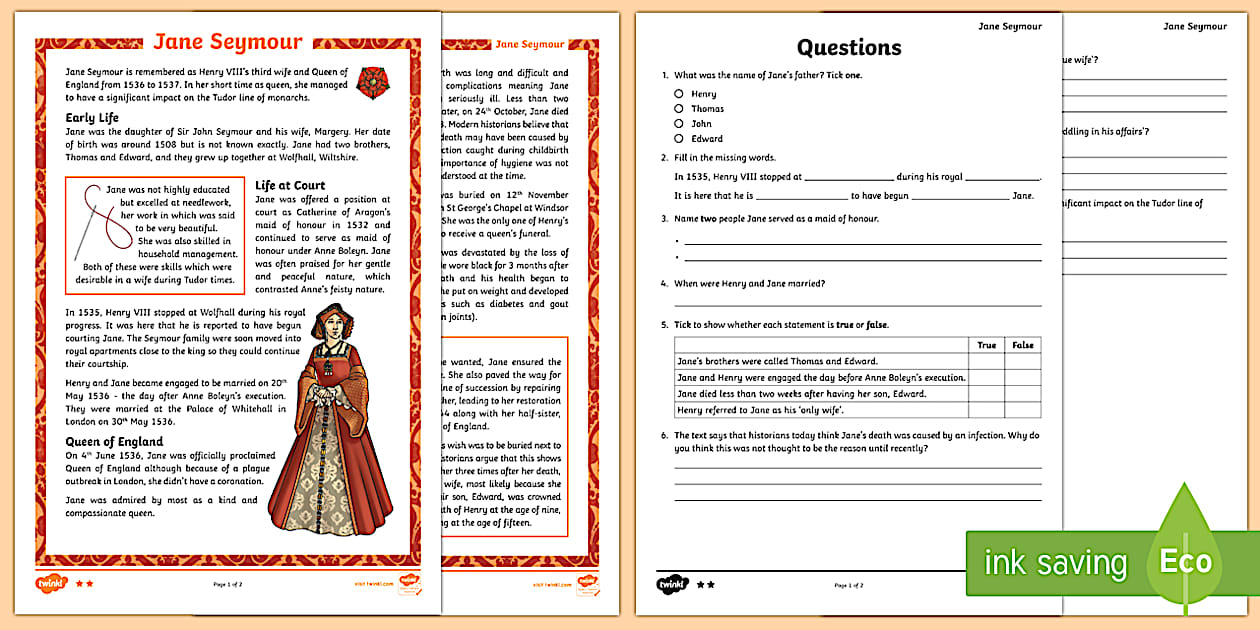 Higher Ability UKS2 Jane Seymour Differentiated Reading Comprehension ...