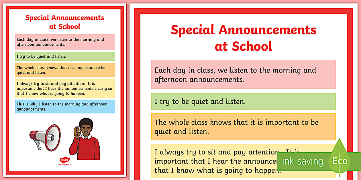 Special Announcements At School Social Scripts - Twinkl
