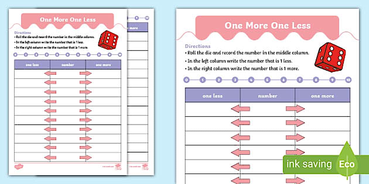 One More and One Less Game: Dice Worksheet (Teacher-Made)