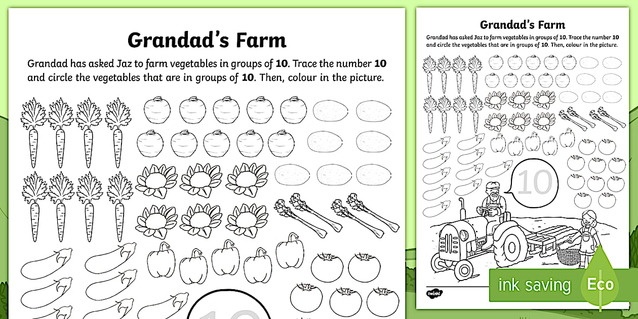 Grandad's Farm Number 10 Vegetable Picking Worksheet / Worksheet