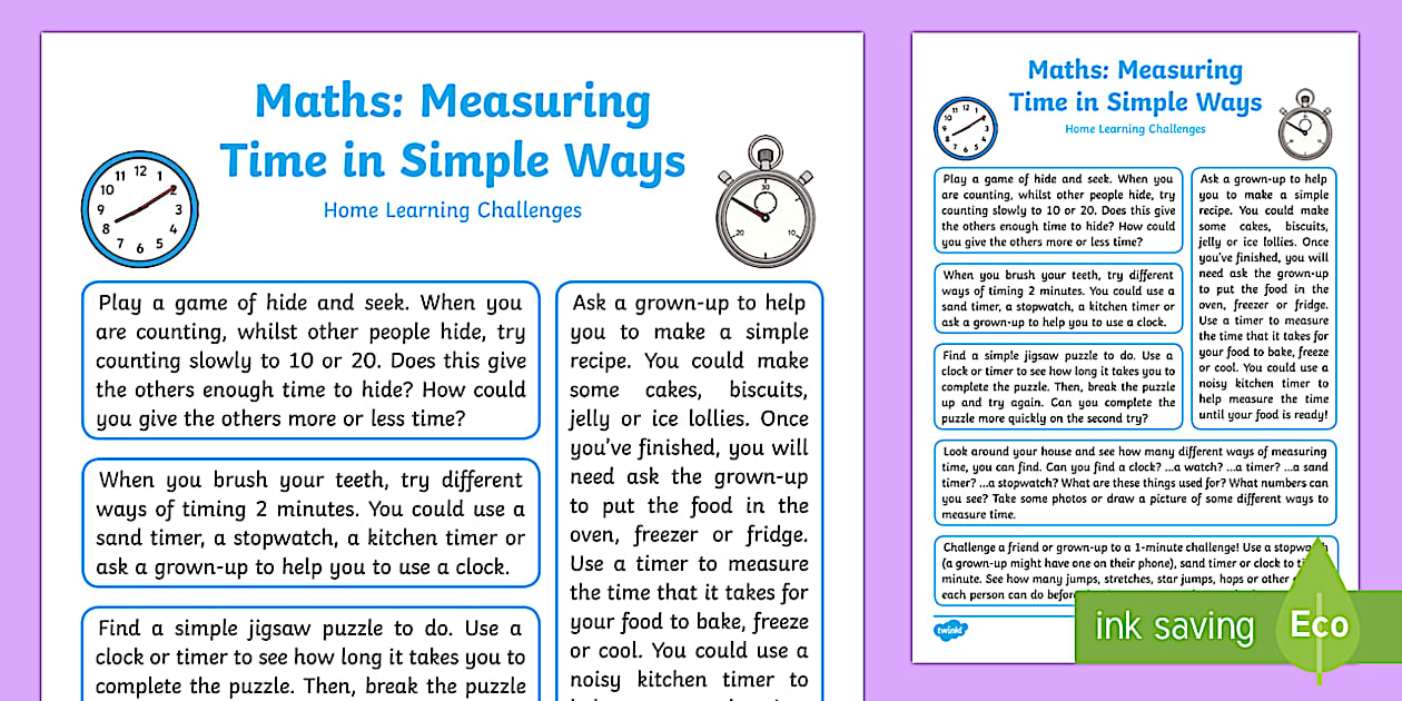 EYFS Maths: Measures Short Periods of Time in Simple Ways Home Learning