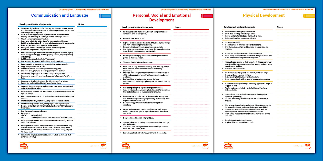 EYFS Development Matters Birth to Three Prime Areas Statements with Notes
