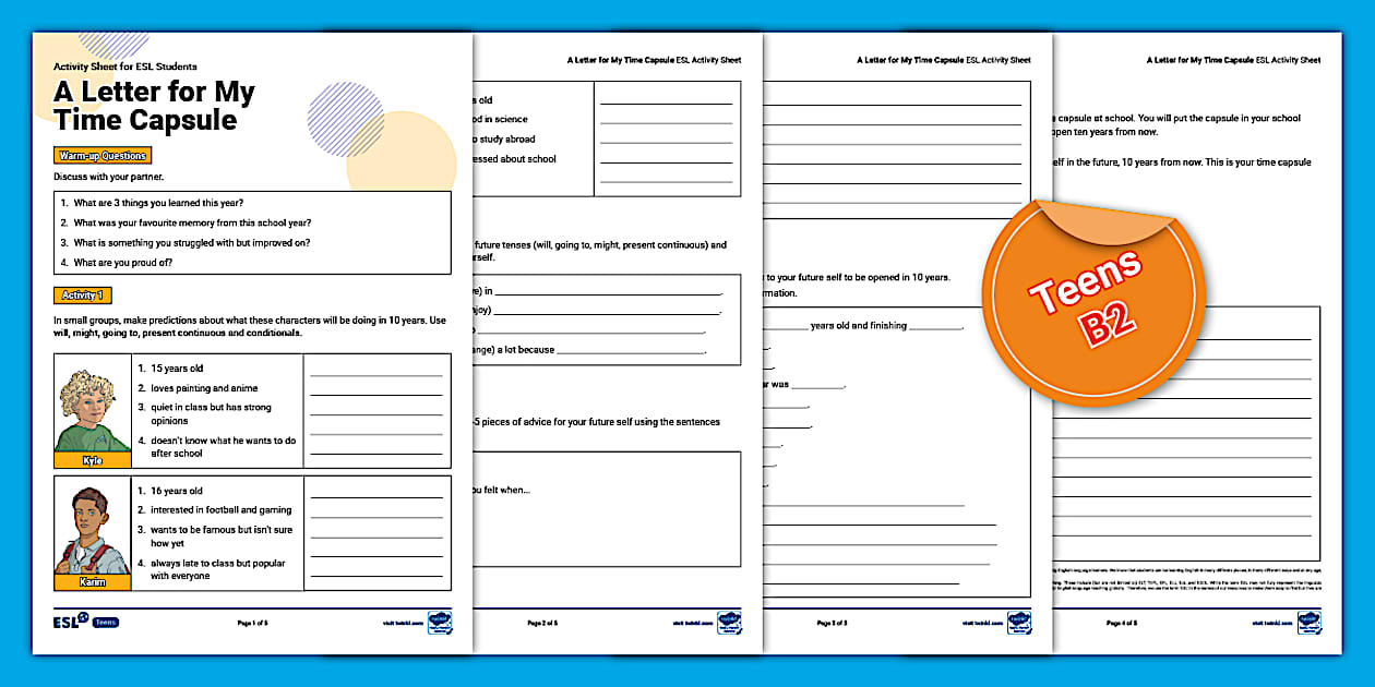 ESL A Letter for My Time Capsule Activity Sheet [Teens, B2] - Twinkl