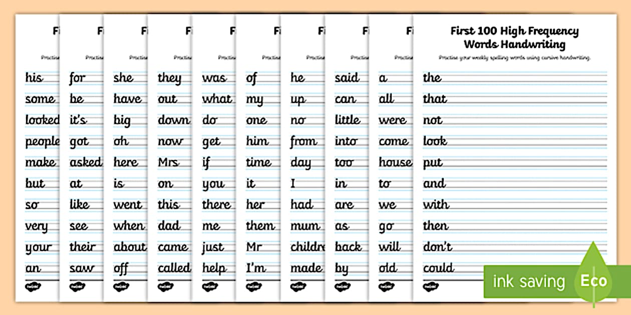 First 100 High Frequency Words Worksheets (teacher made)