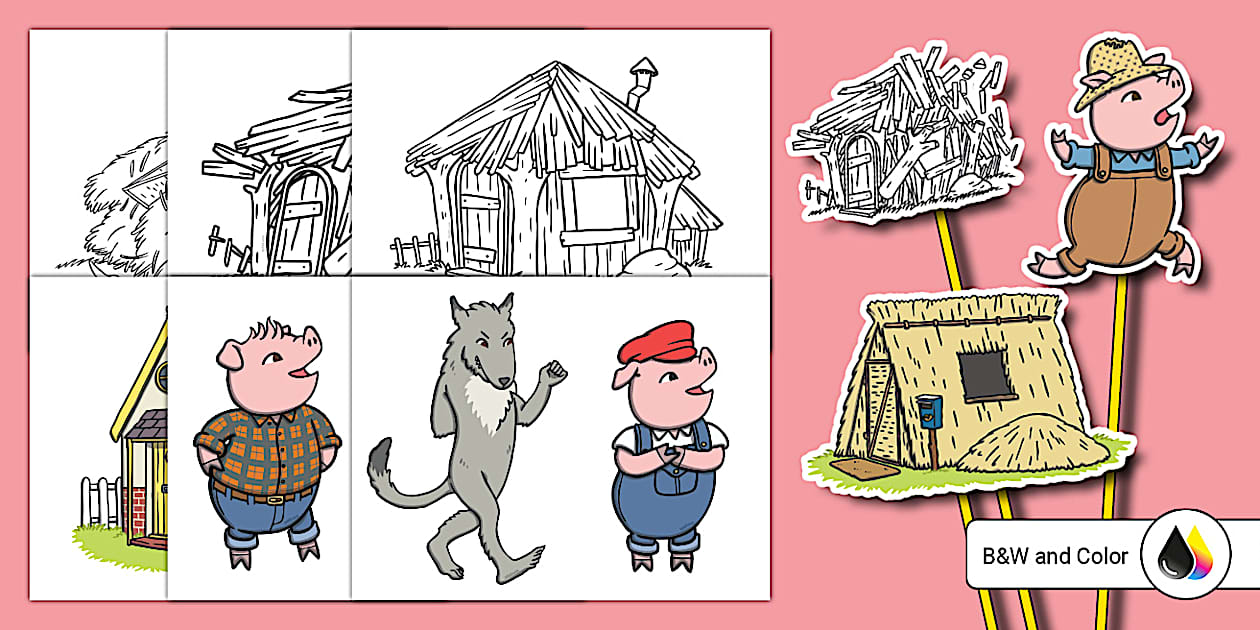 Three Little Pigs Stick Puppets (teacher made) - Twinkl