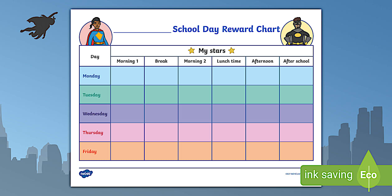 Black and White Superhero-Themed School Day Reward Chart
