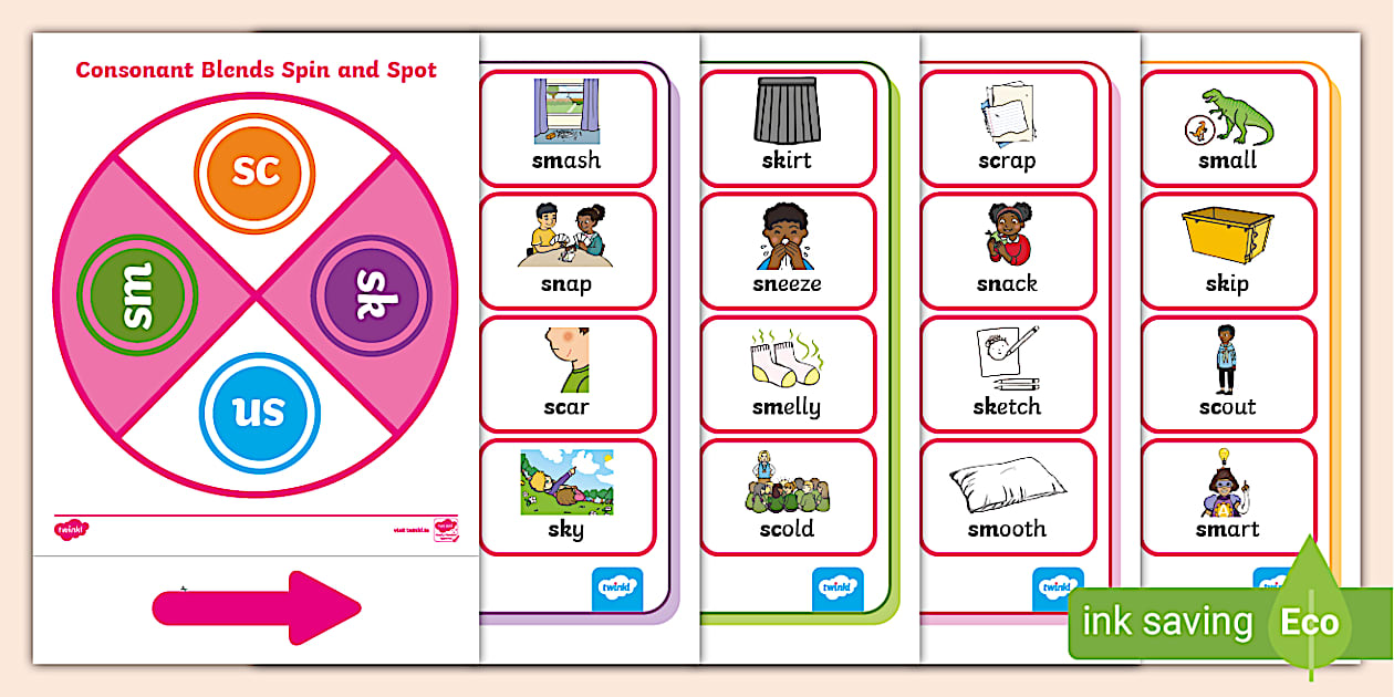 Consonant Blends sc, sk, sn, sm Spinner Game (teacher made)