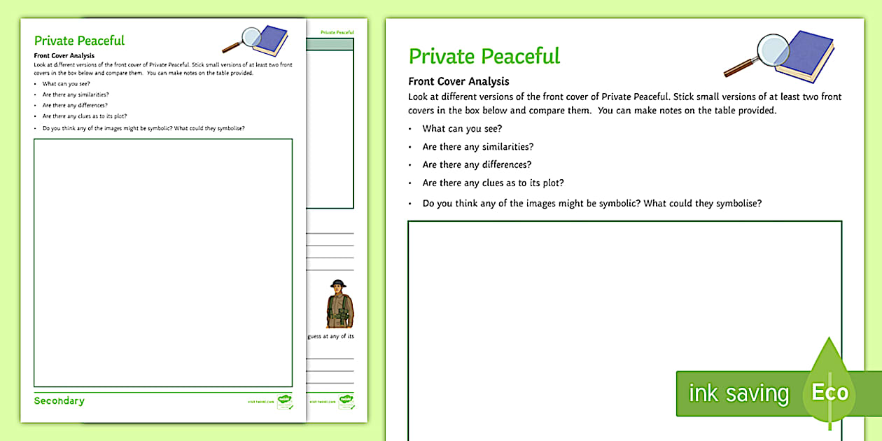 Private Peaceful Front Cover Worksheet / Worksheet - Twinkl