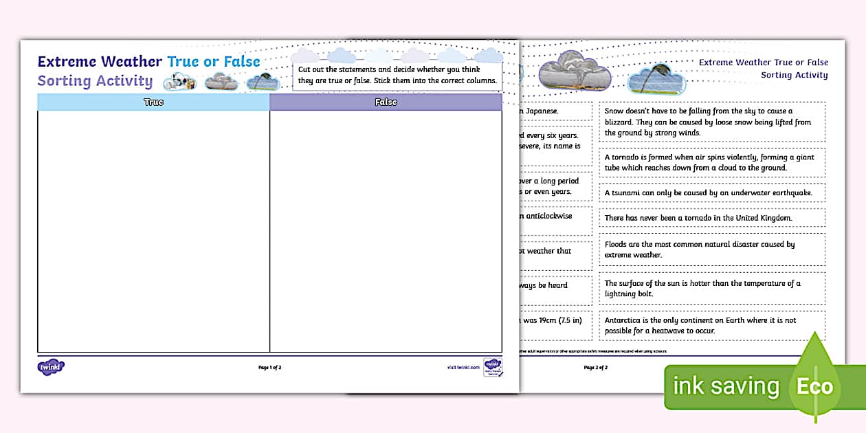 KS2 Extreme Weather True or False Sorting Activity - Twinkl