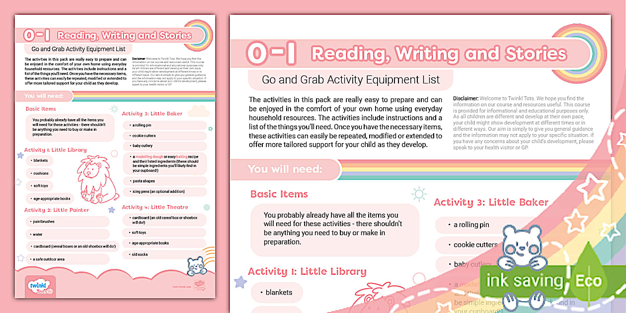 0-12 Months Reading, Writing and Stories Equipment List