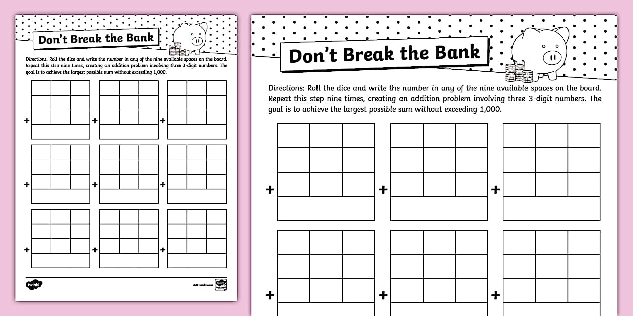 Don't Break the Bank Place Value Game for 3rd-5th Grade