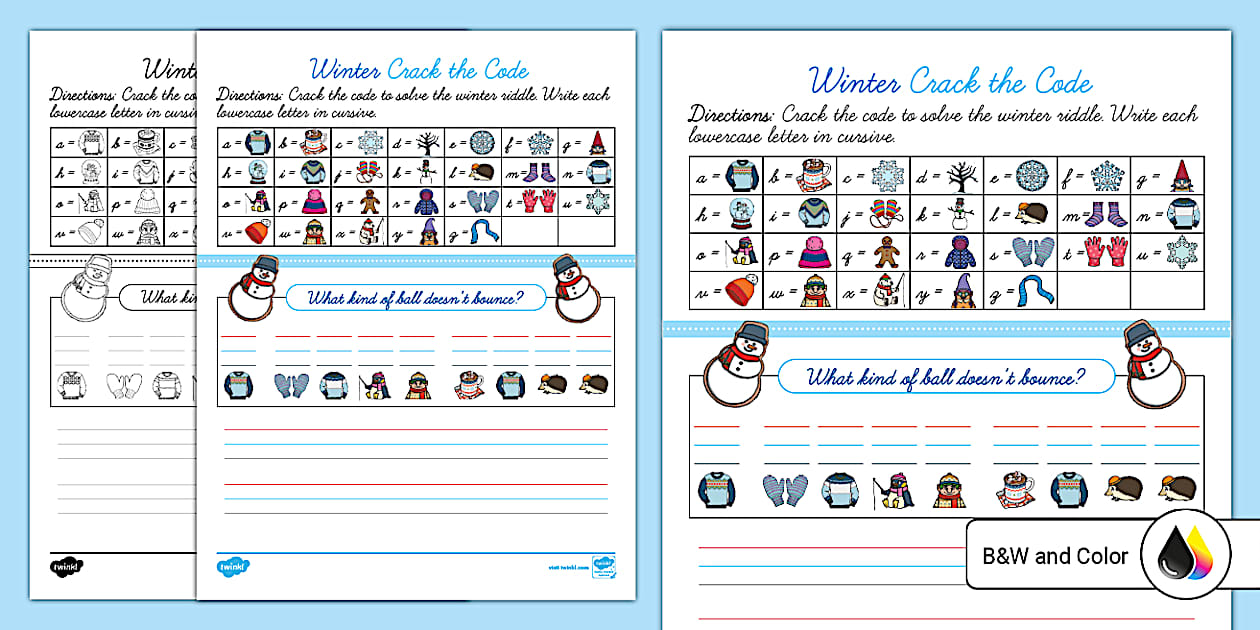 Winter Cursive Crack the Code Worksheet (teacher made)