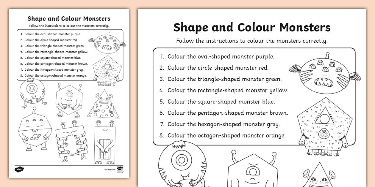 Shape and Colour Monsters Worksheet - Twinkl - KS1 - Twinkl