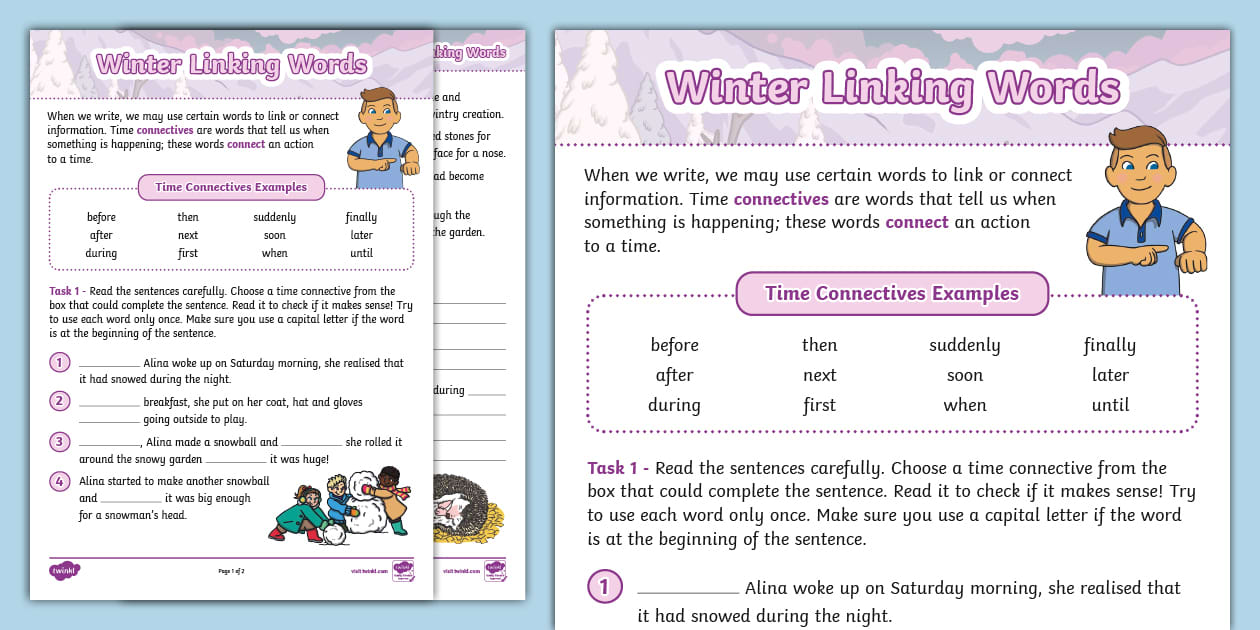 Winter Linking Words Activity Sheets (teacher made) - Twinkl