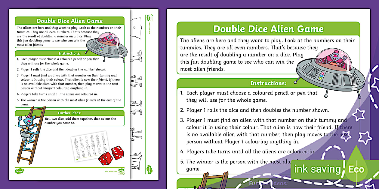UFO Games for Kids | Double Dice Alien Game (teacher made)