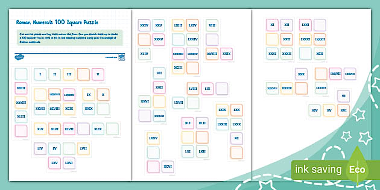 Roman Numerals 100 Square Puzzle (Ages 8 - 9) (teacher made)